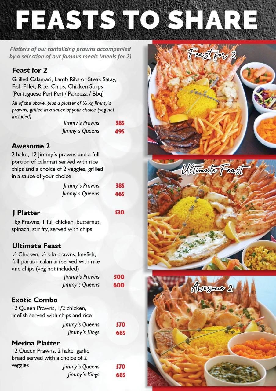 Menu at Jimmy's Killer Prawns Gateway restaurant, Umhlanga, Shop G340 ...