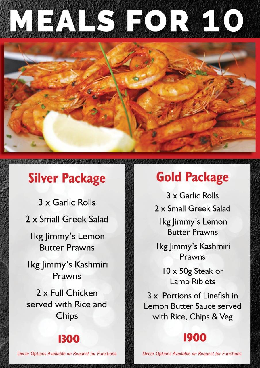 Menu at Jimmy's Killer Prawns Gateway restaurant, Umhlanga, Shop G340 ...