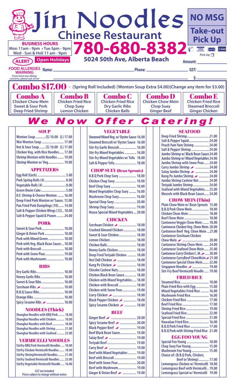 Menu at Jin Noodles Chinese Food (Take-Out) restaurant, Alberta Beach