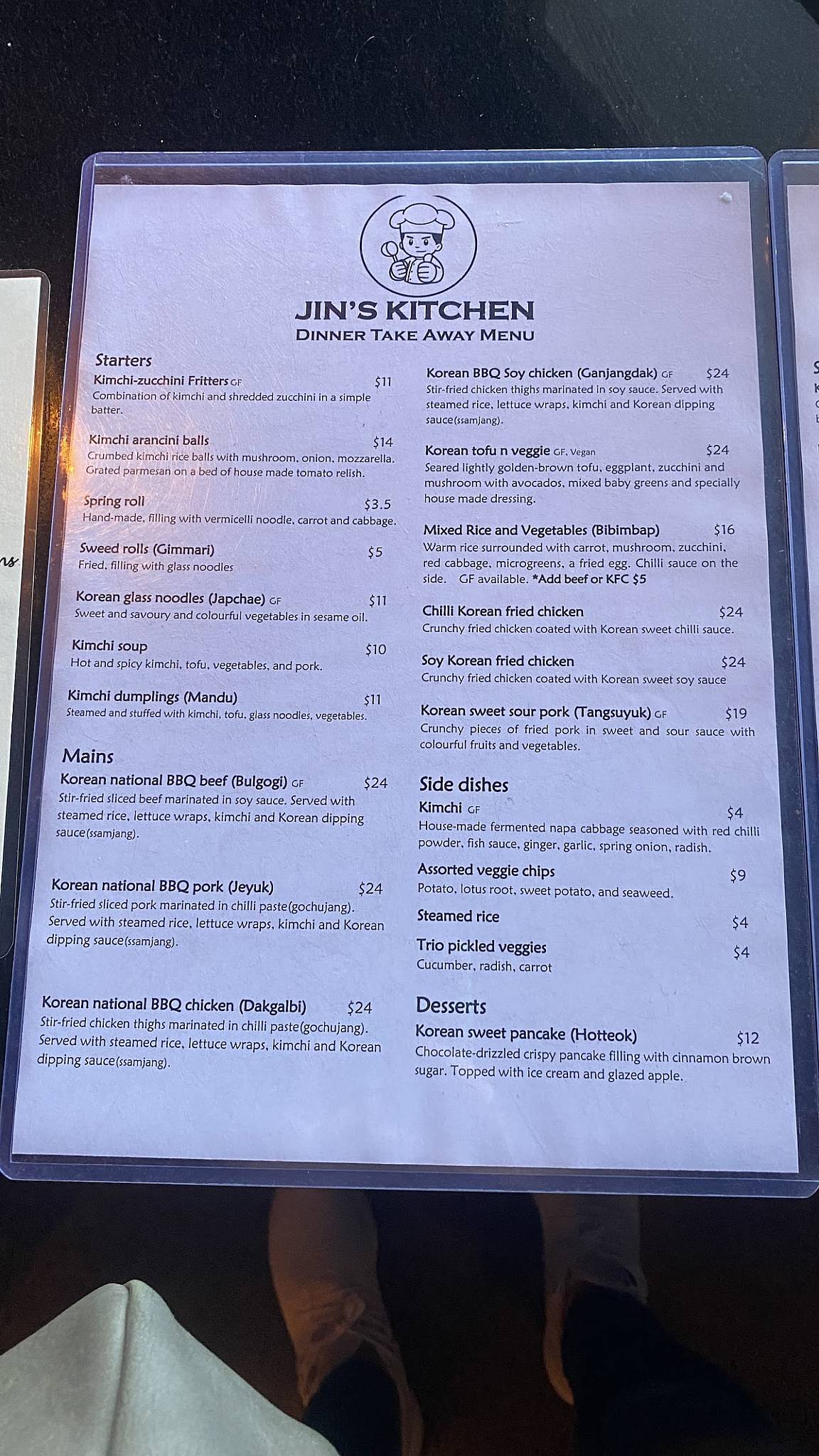 Menu at Jin's Kitchen restaurant, Huonville