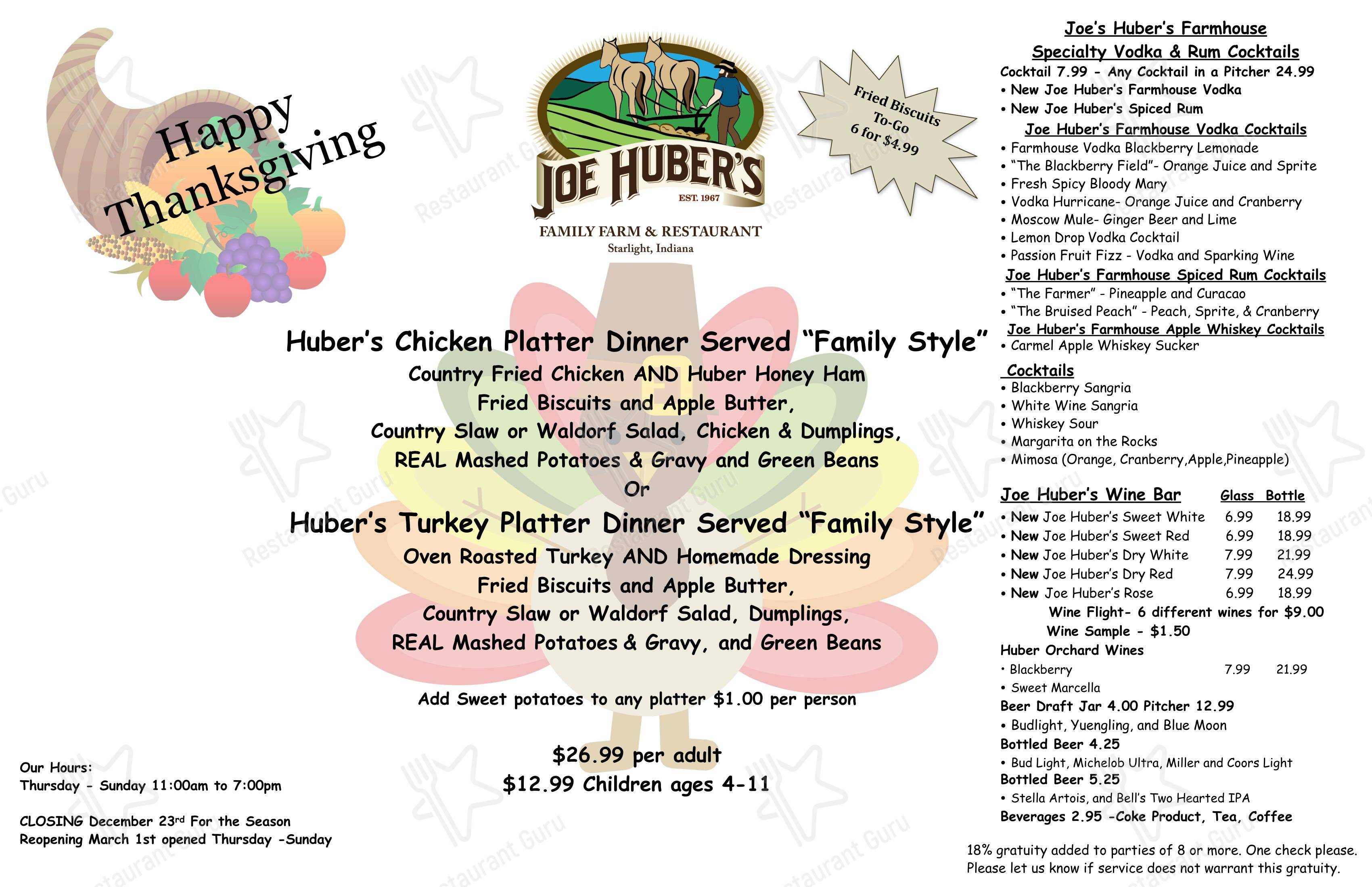 Menu at Joe Huber's Family Farm & Restaurant, USA