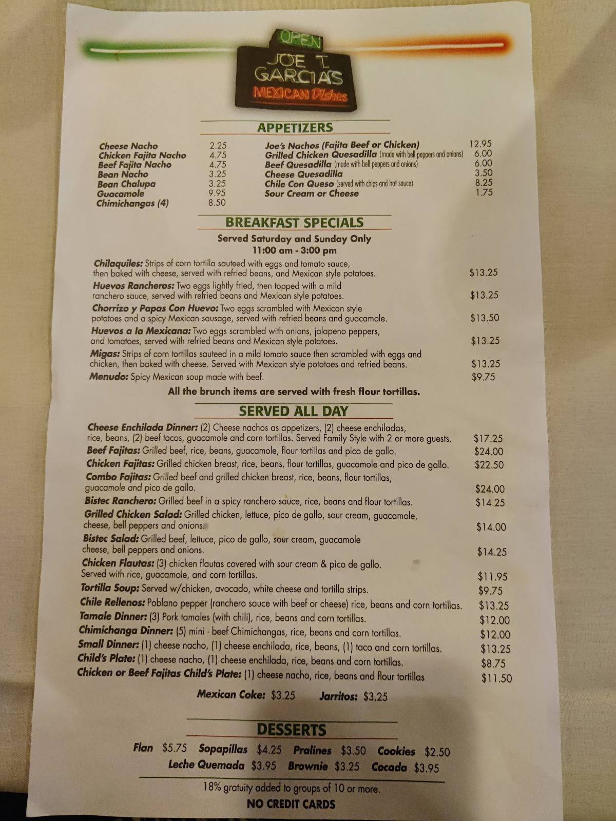 Menu at Joe T. Garcia's restaurant, Fort Worth