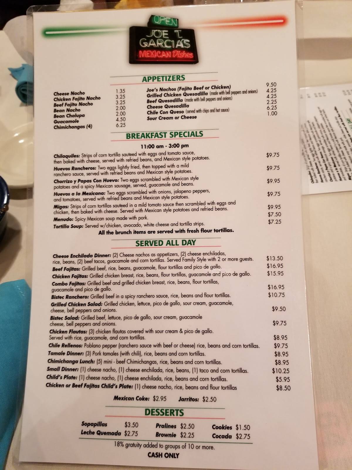 Menu at Joe T. Garcia's restaurant, Fort Worth