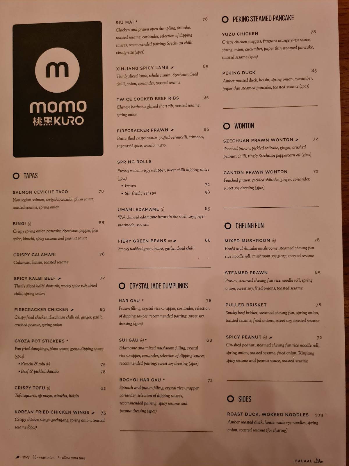 Menu at Momo Kuro restaurant, Johannesburg