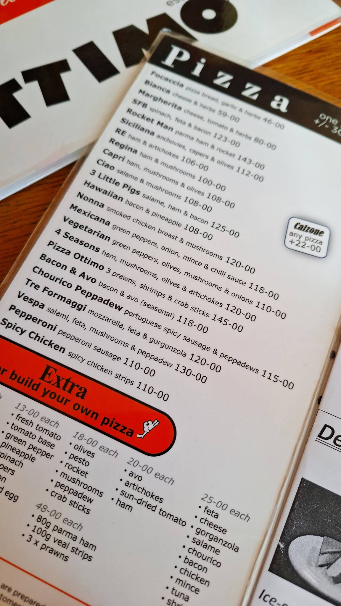 Menu at Ottimo restaurant, Johannesburg
