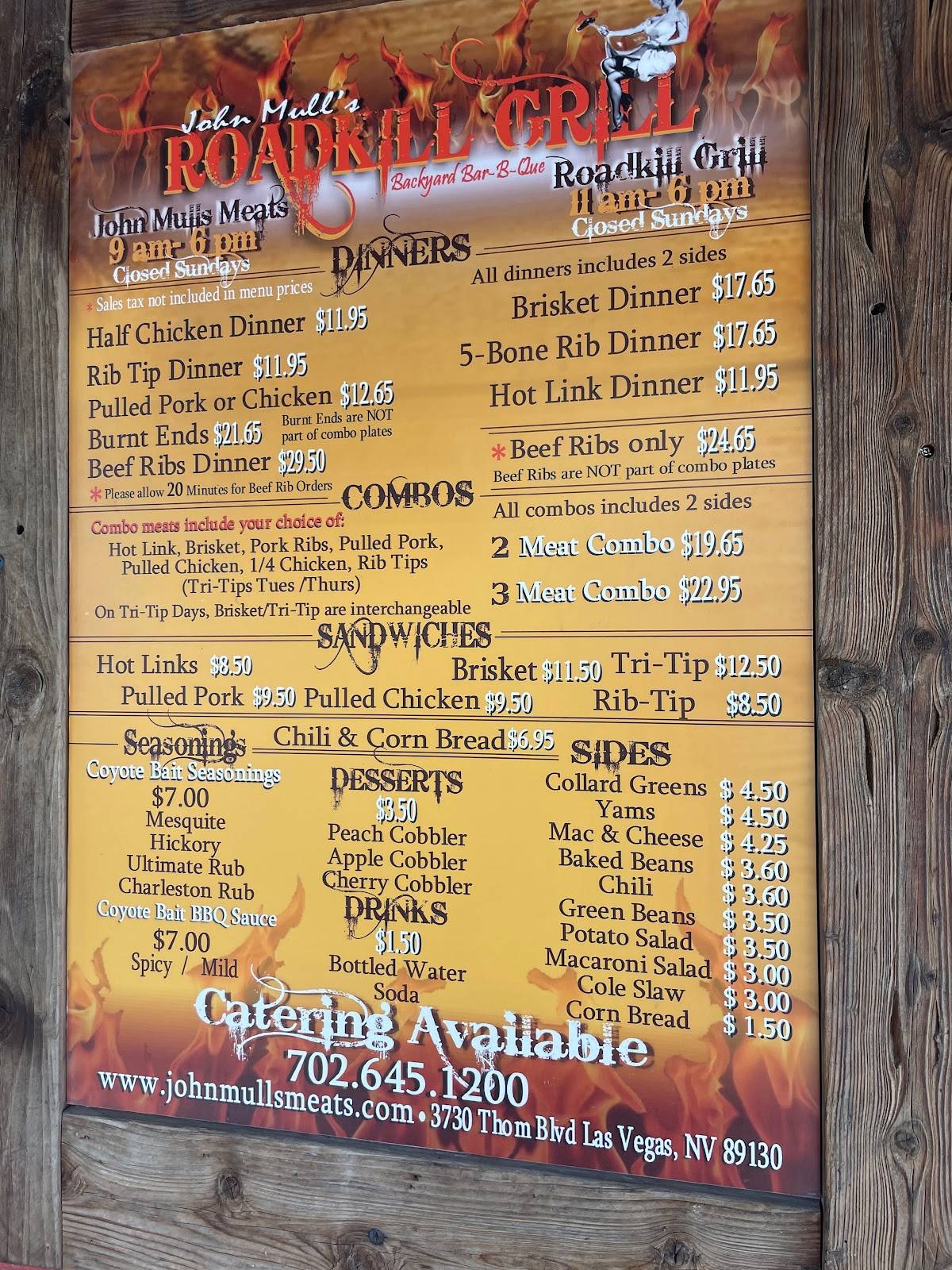 Menu at John Mull's Meats & Road Kill Grill BBQ, Las Vegas