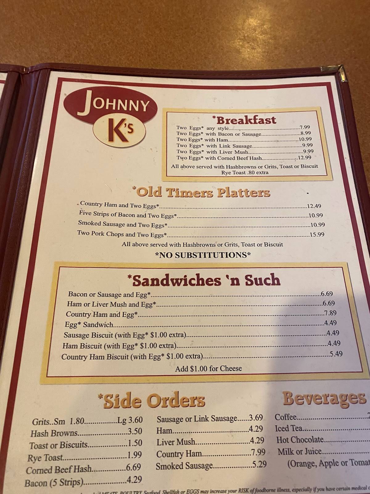 Menu at Johnny K's Restaurant, Indian Trail