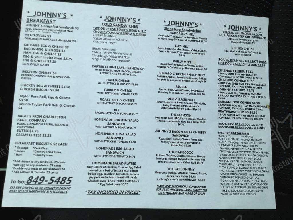 Menu at Johnny's Hot Dogs fast food, Mount Pleasant