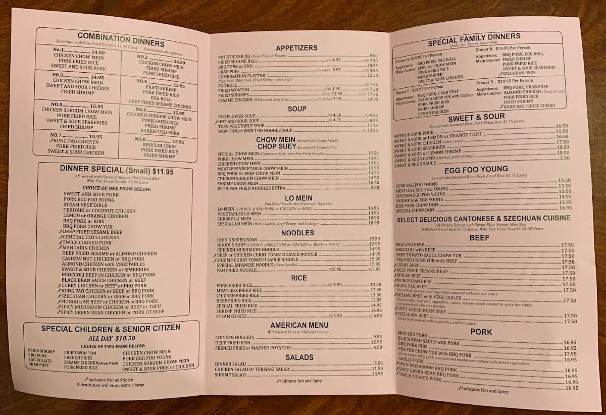 Menu at John's Chinese Restaurant, Keizer