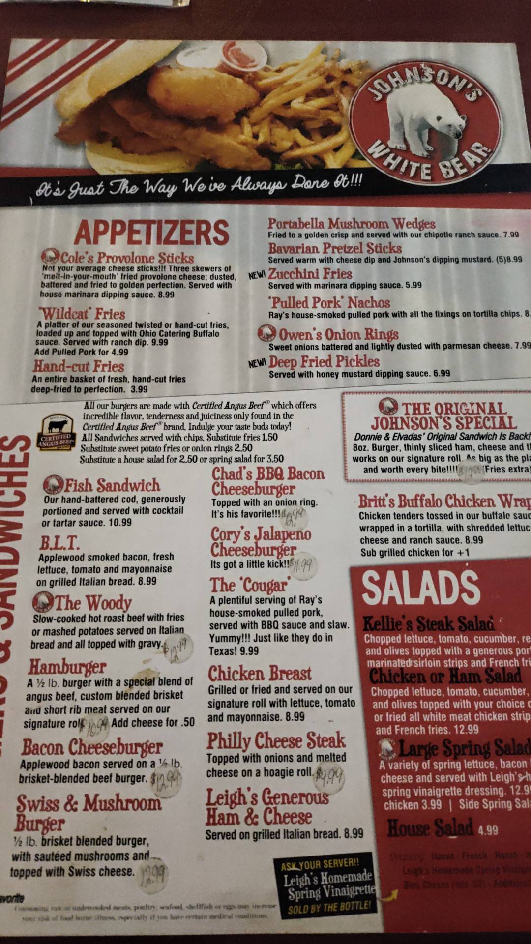 Menu at White Bear steakhouse, East Springfield