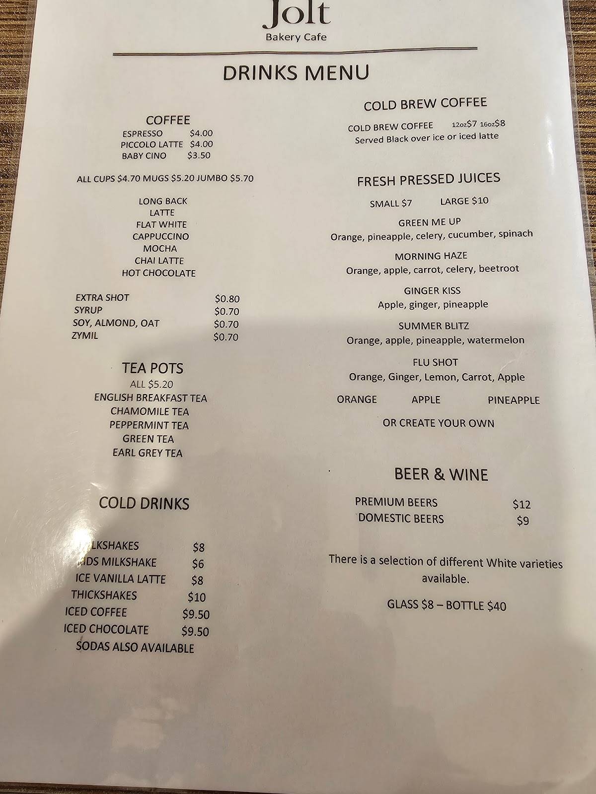 Menu at Coastal Hill Cafe, Emu Park
