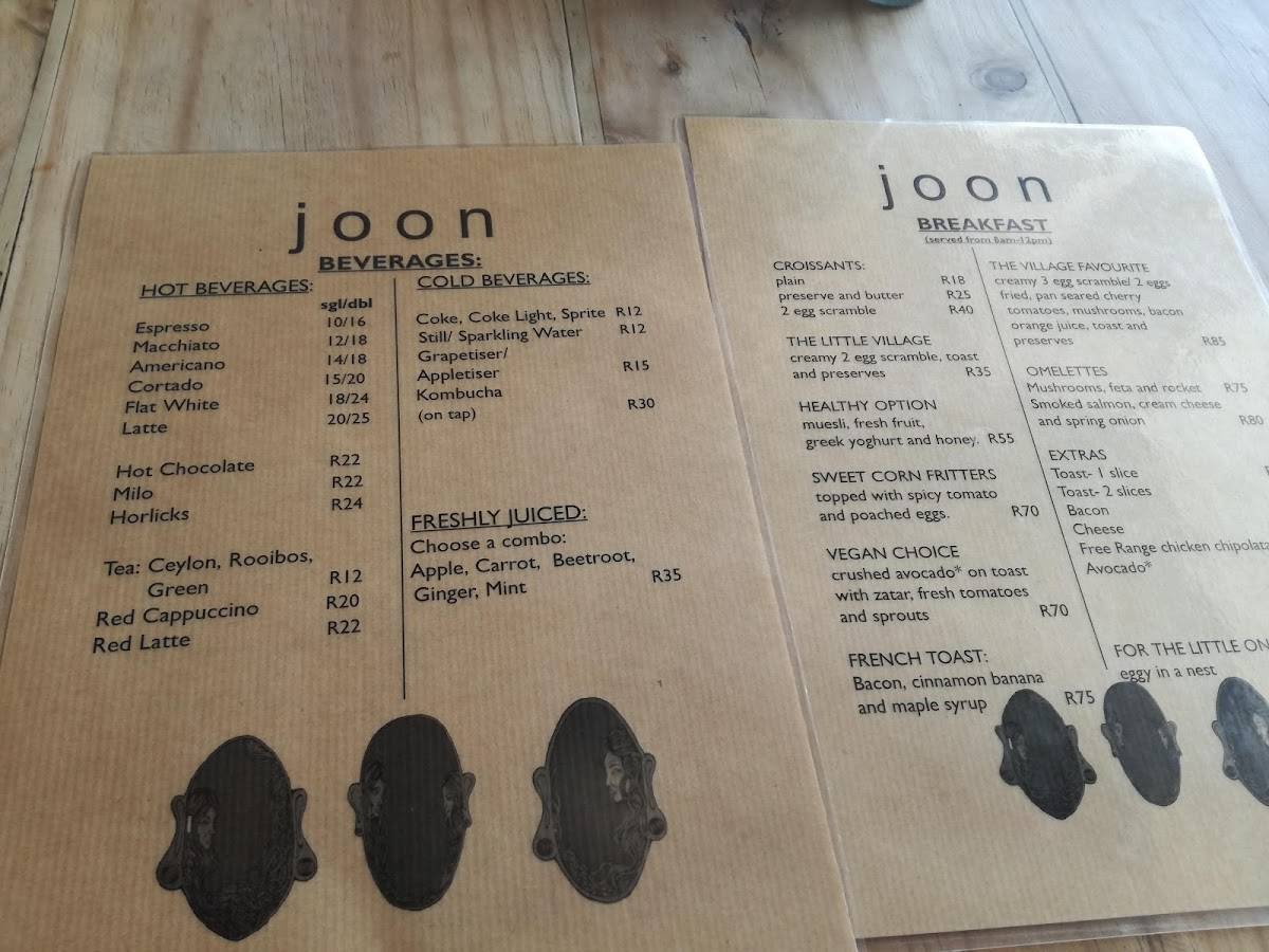 Menu at Joon restaurant, Cape Town