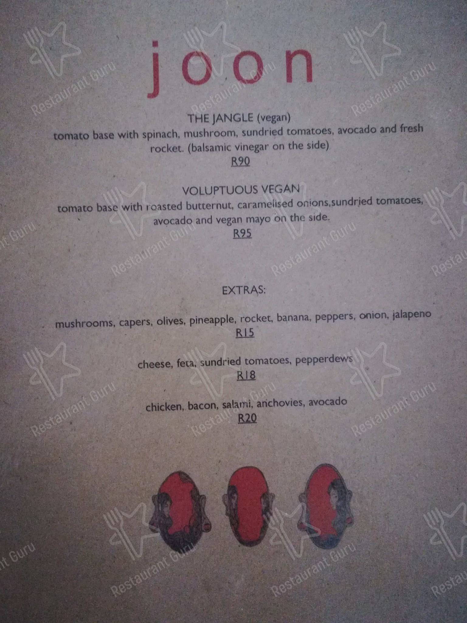 Menu at Joon restaurant, Cape Town
