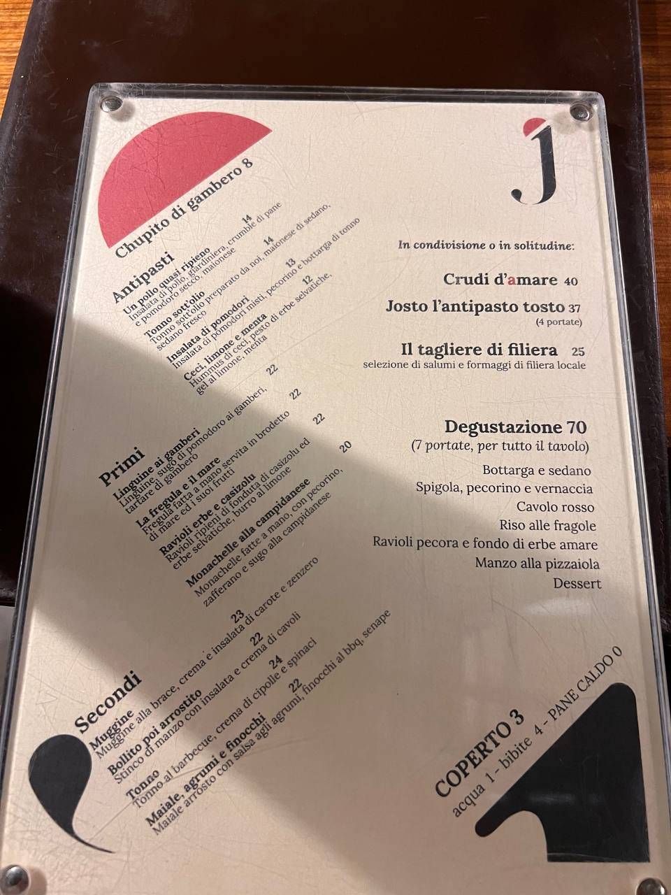 Menu at Josto restaurant, Cagliari