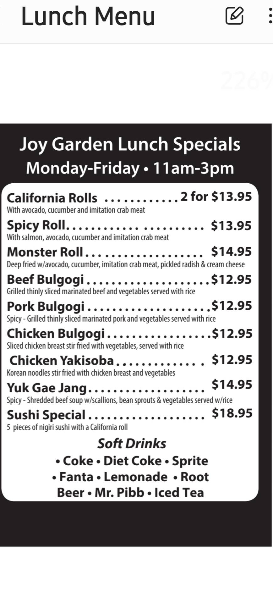 Menu at Joy Garden restaurant, Yakima