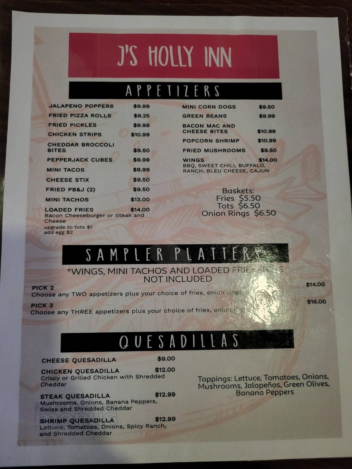 Menu at J's Holly Inn Bar & Grill, Holly, 902 N Saginaw St