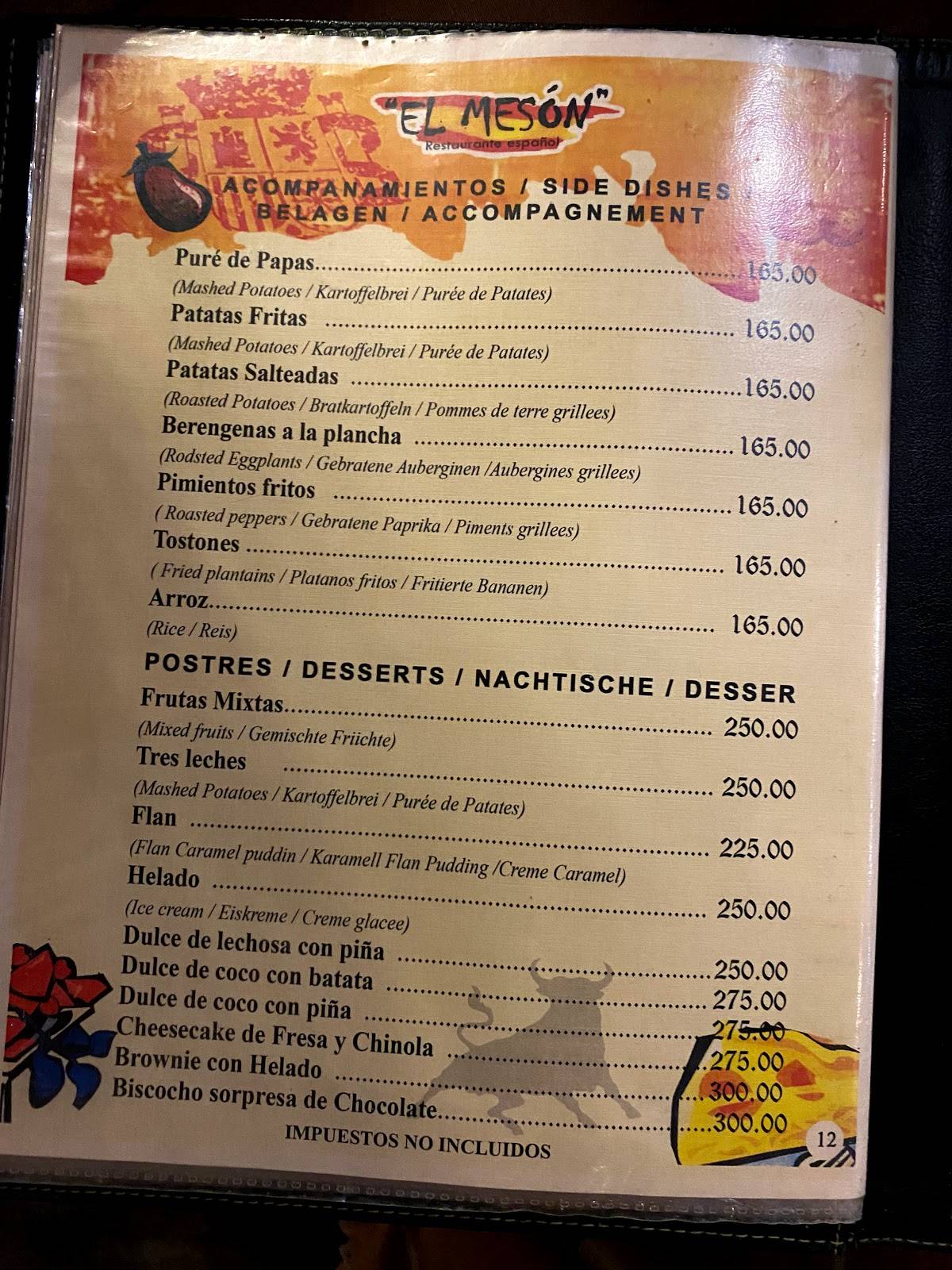 Carta de Restaurante el Mesón Español, Playa Juan Dolio