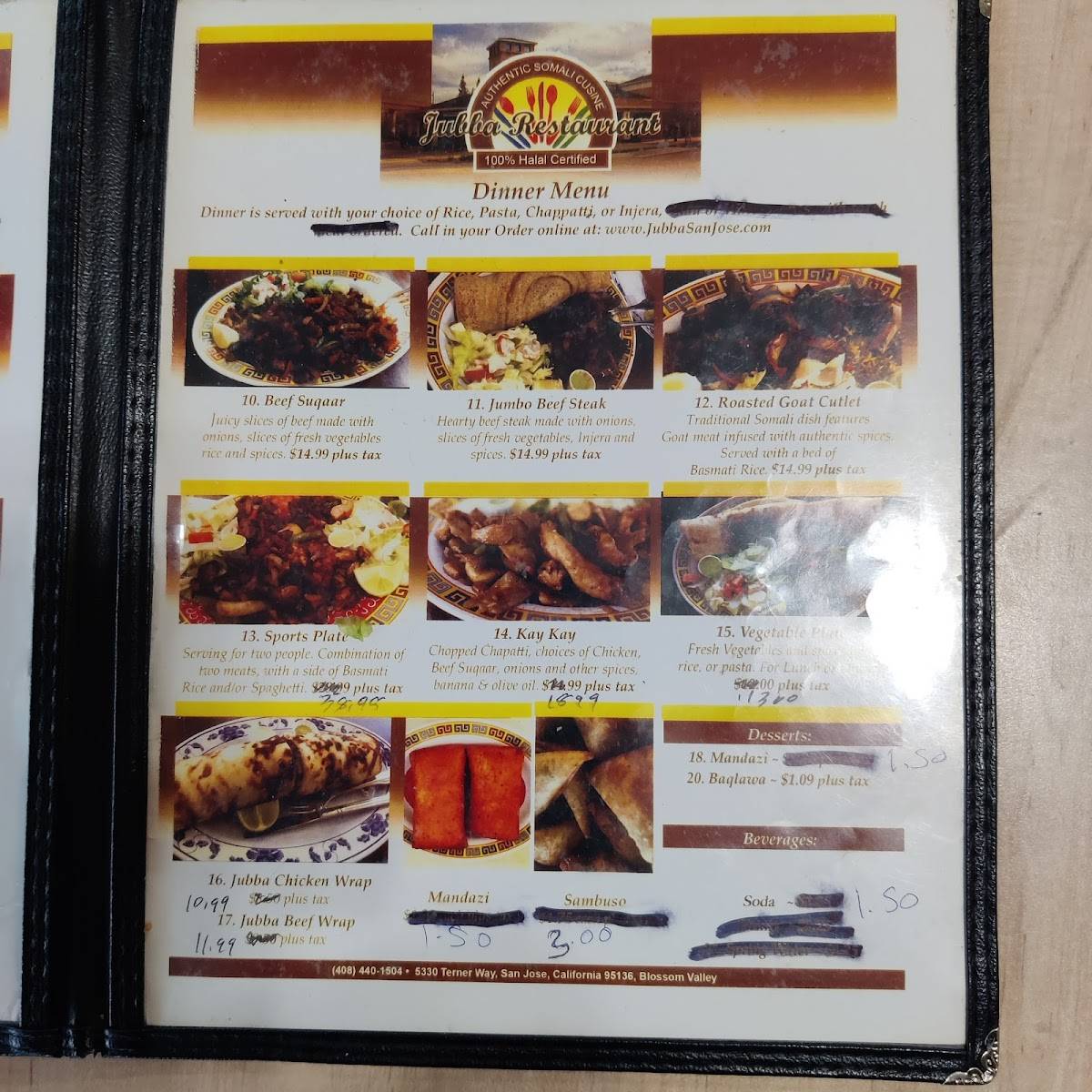 Menu at Jubba Somali Restaurant, San Jose