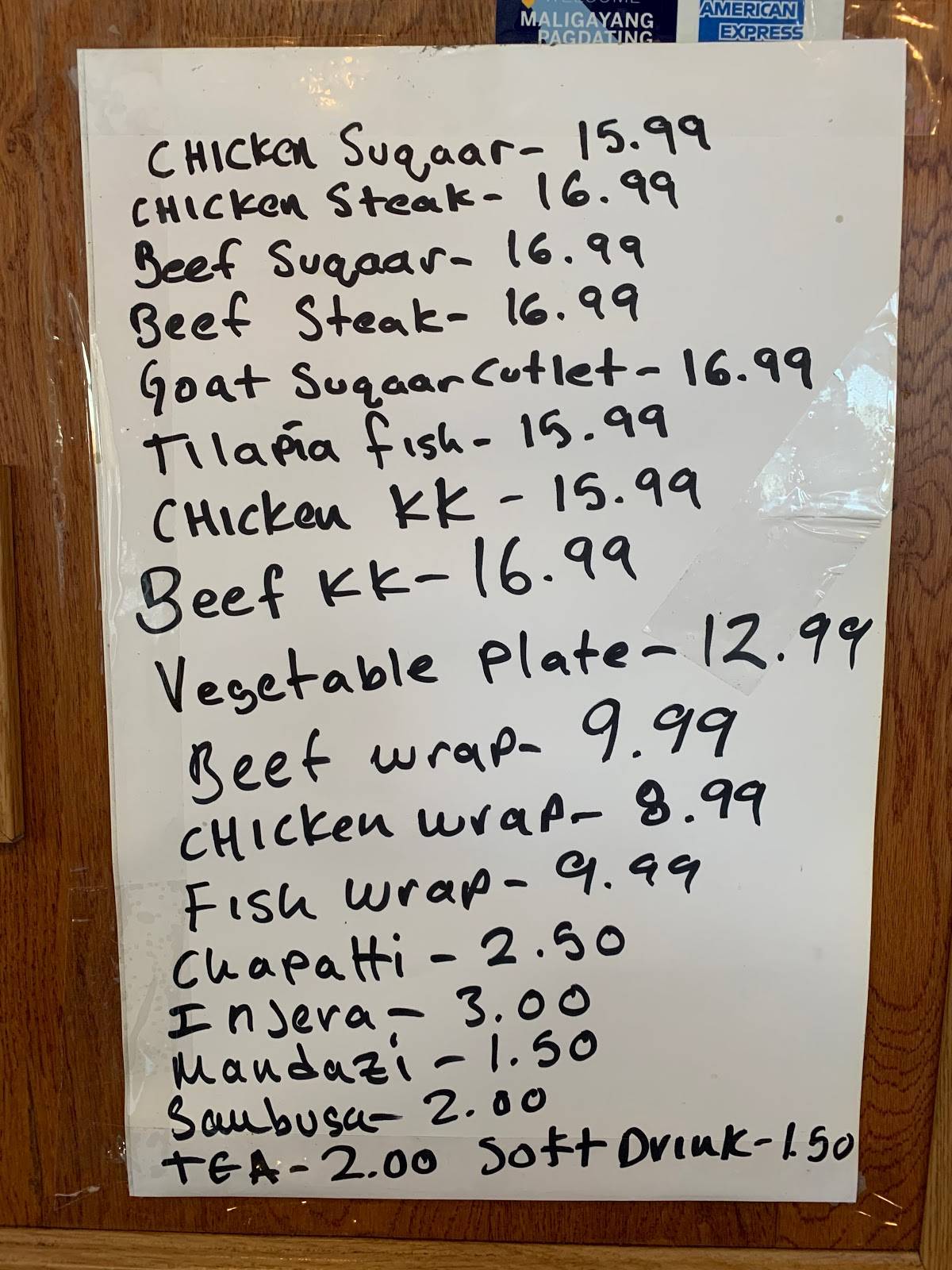 Menu at Jubba Somali Restaurant, San Jose