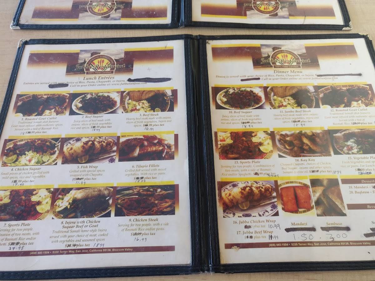 Menu at Jubba Somali Restaurant, San Jose