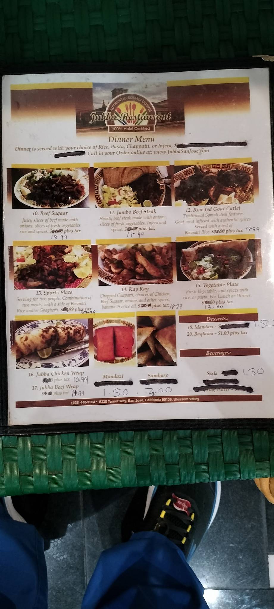 Menu at Jubba Somali Restaurant, San Jose