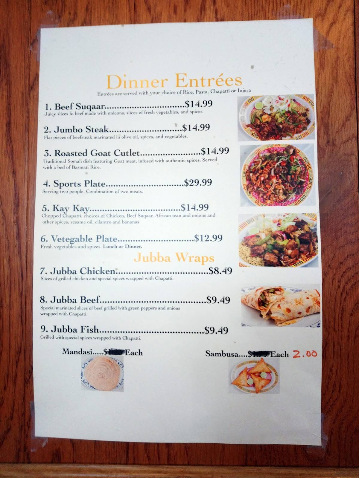 Menu at Jubba Somali Restaurant, San Jose