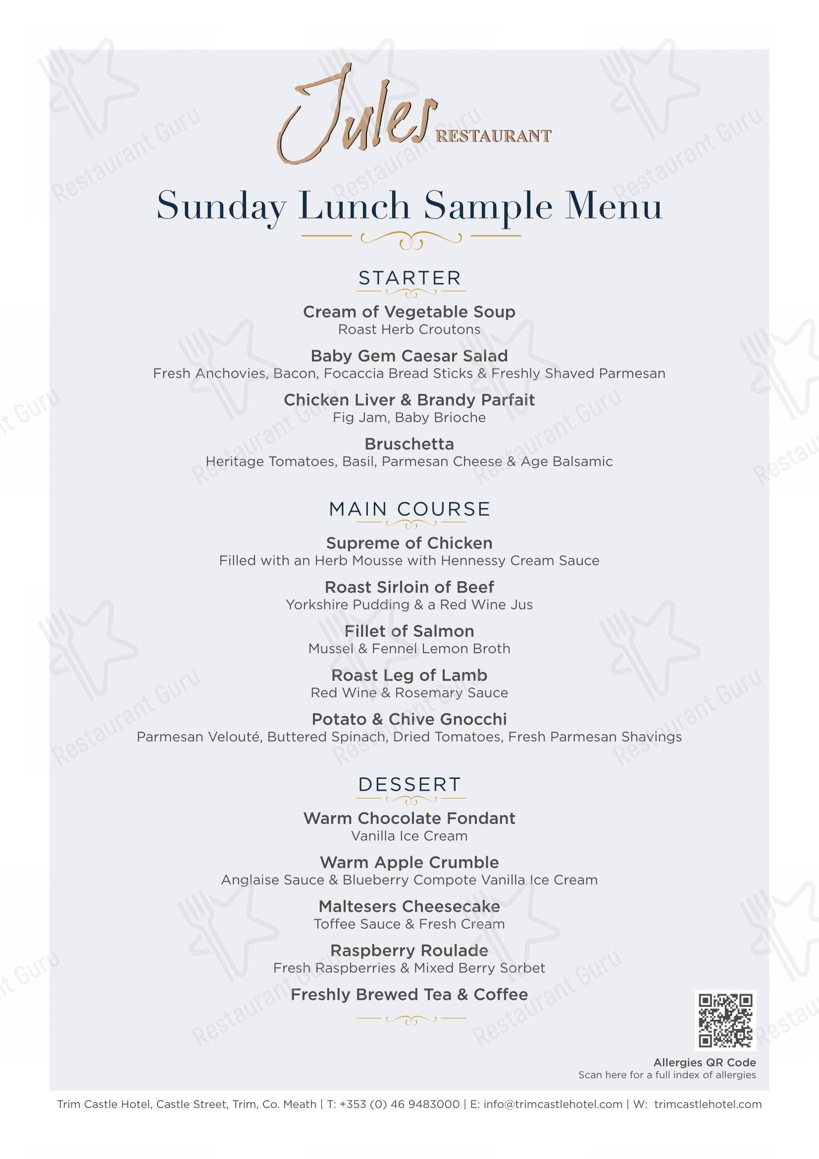 Menu at Jules Restaurant @ Trim Castle Hotel, Trim