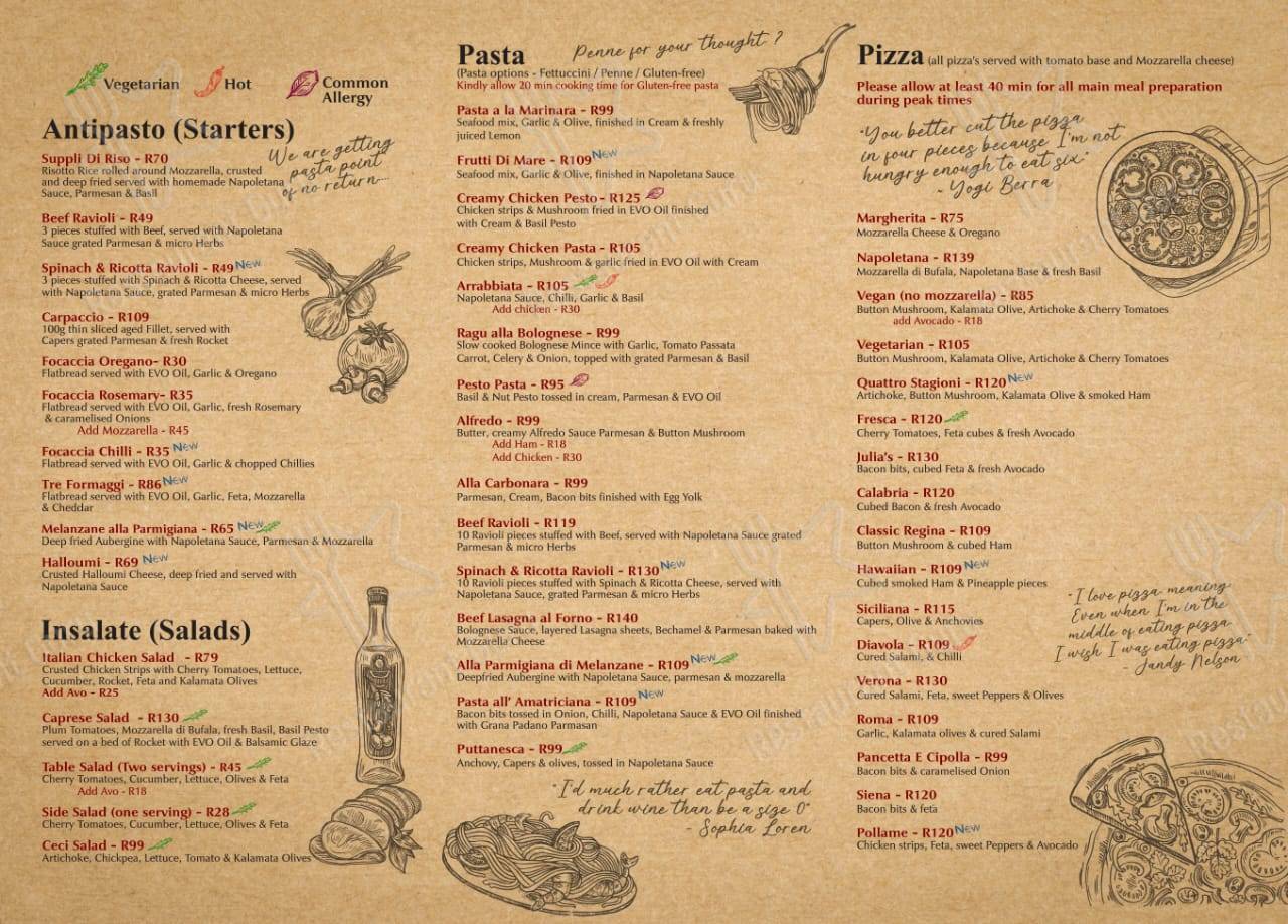 Menu at Julia's Eatalian Restaurant, Potchefstroom