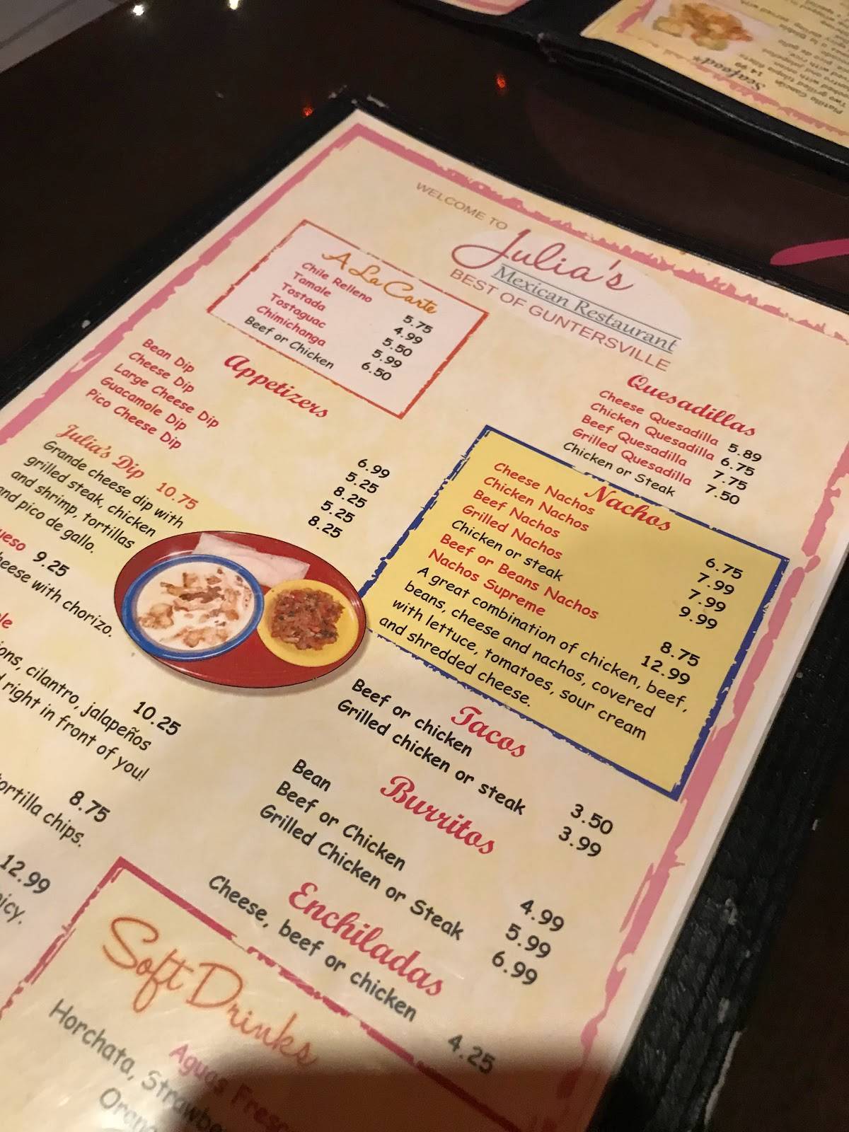 Menu at Julia's Mexican Restaurant, Guntersville