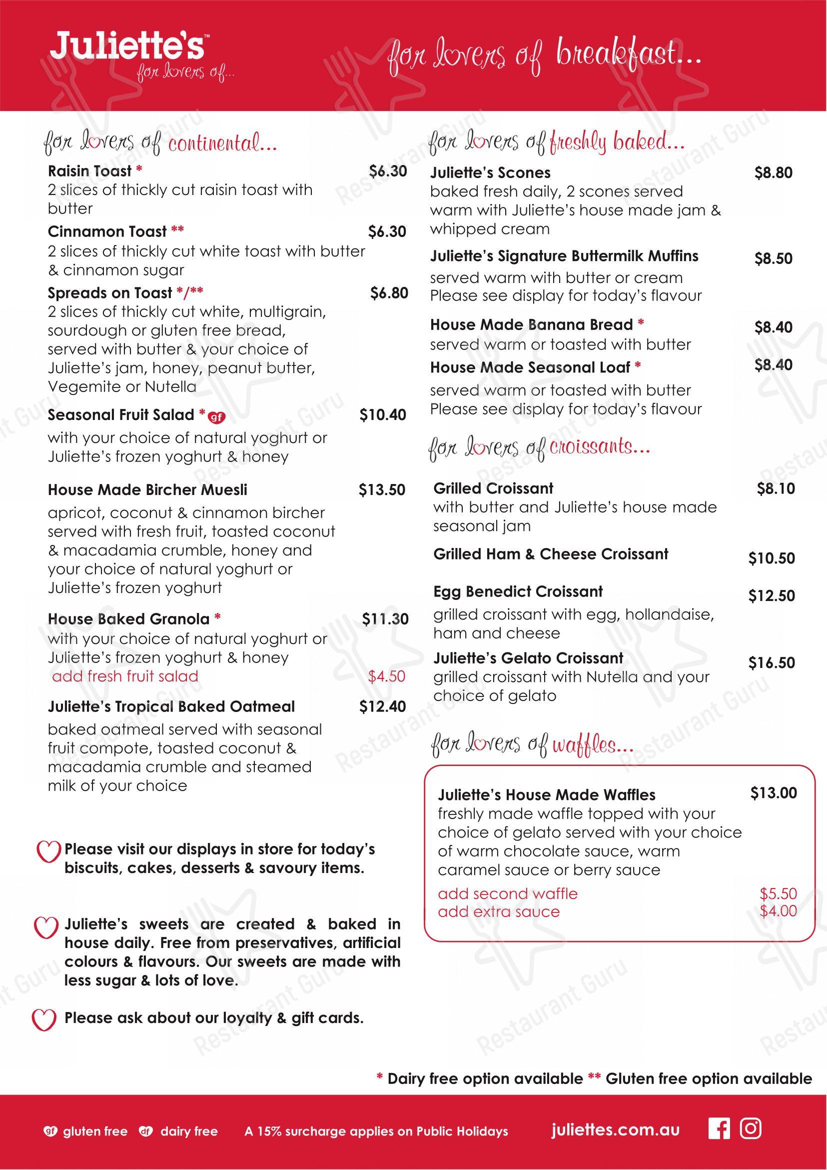 Menu at Juliette's cafe, North Ward