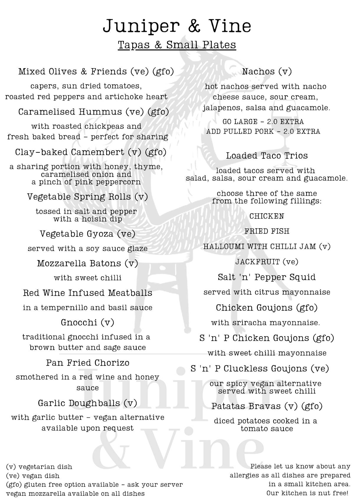 Menu at Juniper and Vine pub & bar, Bury