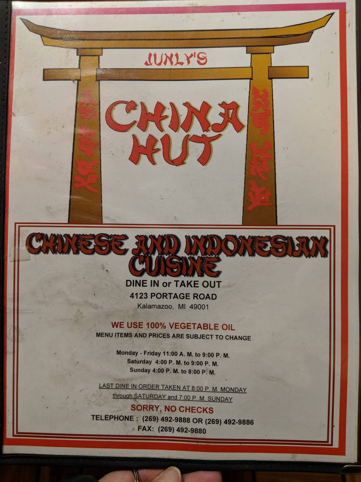 Menu at Junly’s China Hut restaurant, Kalamazoo