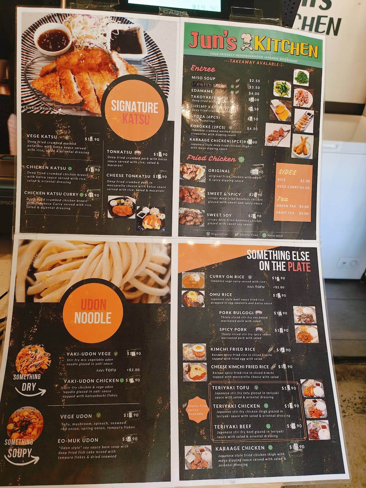 Menu at Jun's Kitchen restaurant, Dunedin