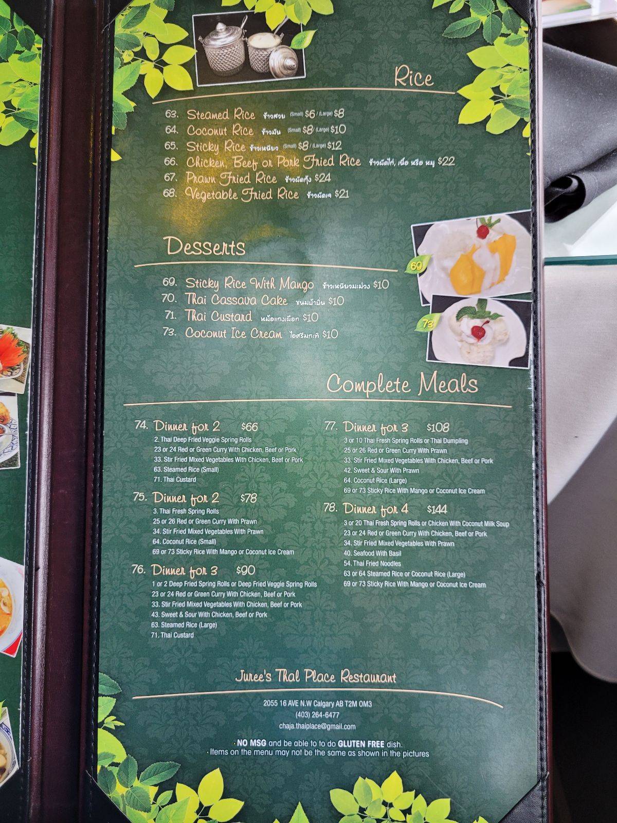 Menu at Jurees Thai Place Restaurant, Calgary