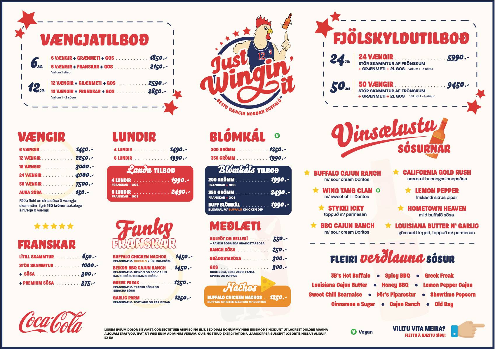 Menu at Just Wingin it restaurant, Reykjavík