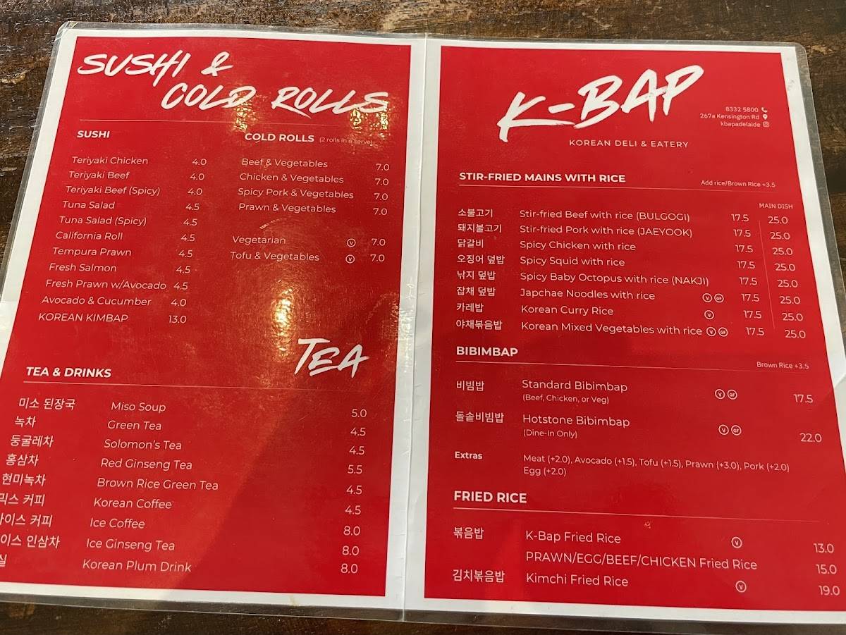 Menu at K- BAP Korean Food restaurant, Kensington Park