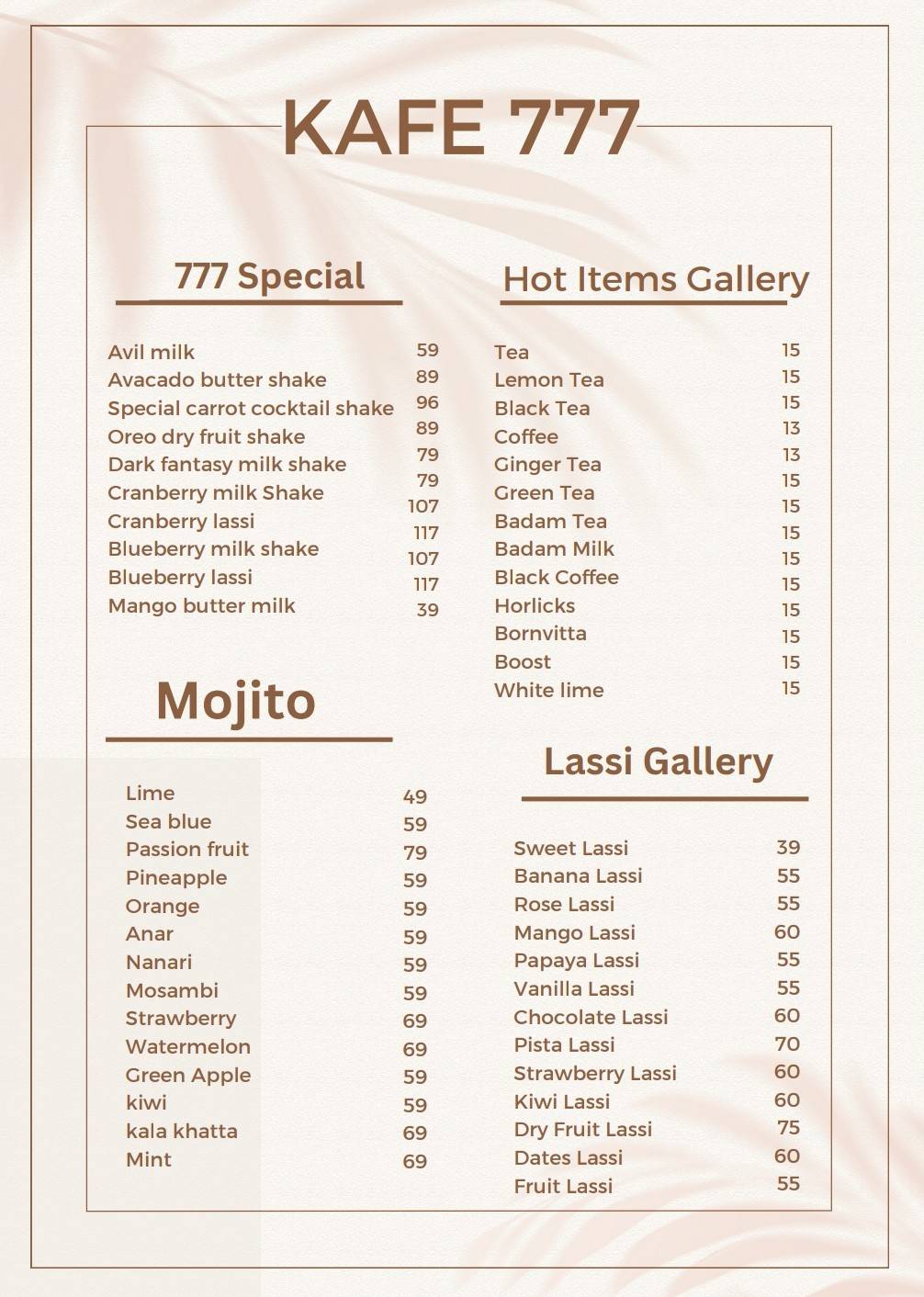 Menu at KAFE 777, Bengaluru