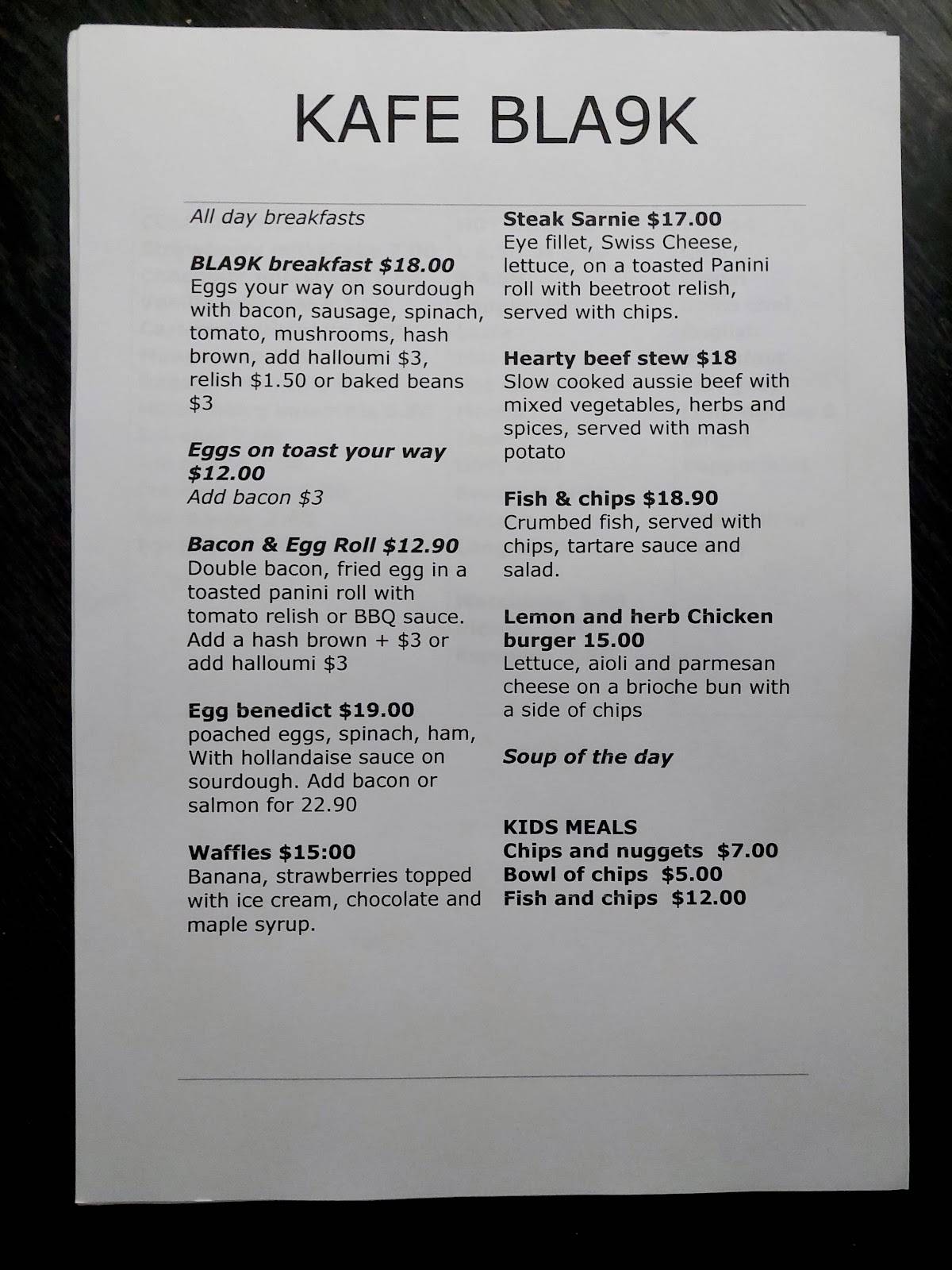 Menu at KAFE BLA9K 322 cafe, Wagga Wagga