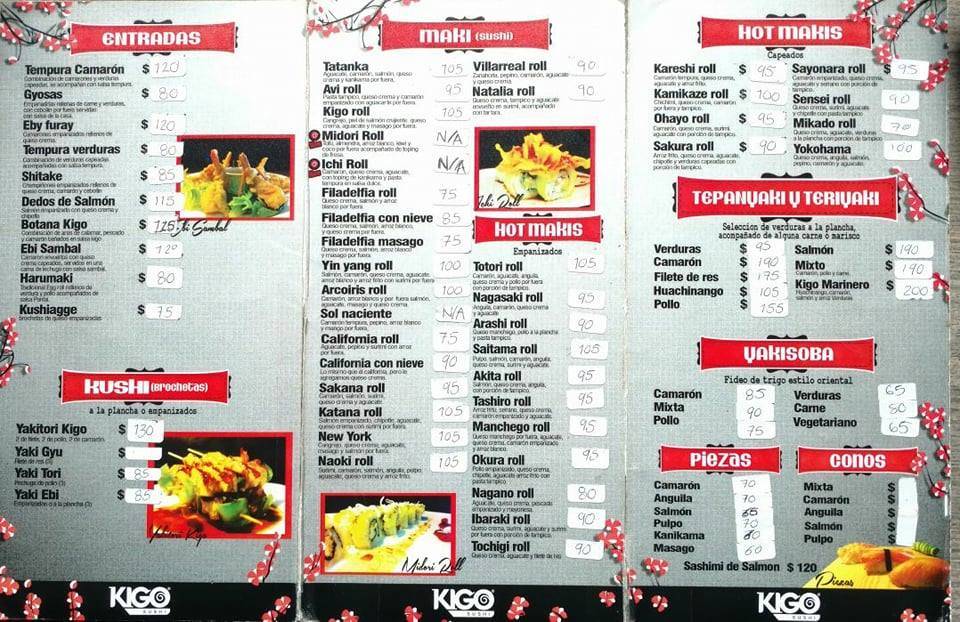 Carta del restaurante Kigo Sushi, Monclova, Blvd. Francisco I. Madero 704