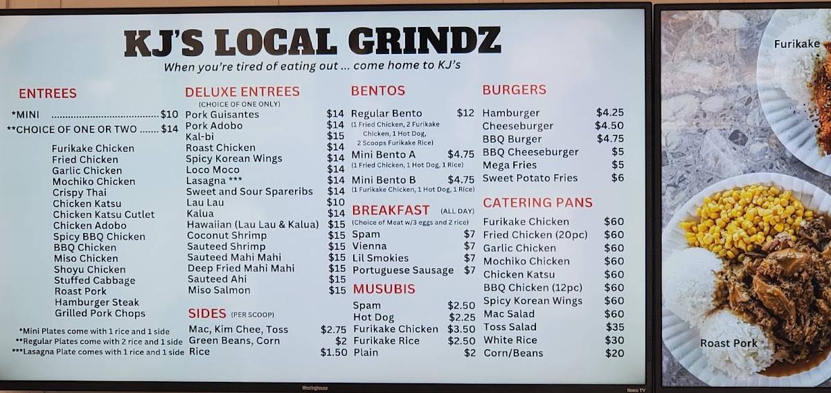 Menu at KJ’s Local Grindz restaurant, Kaneohe