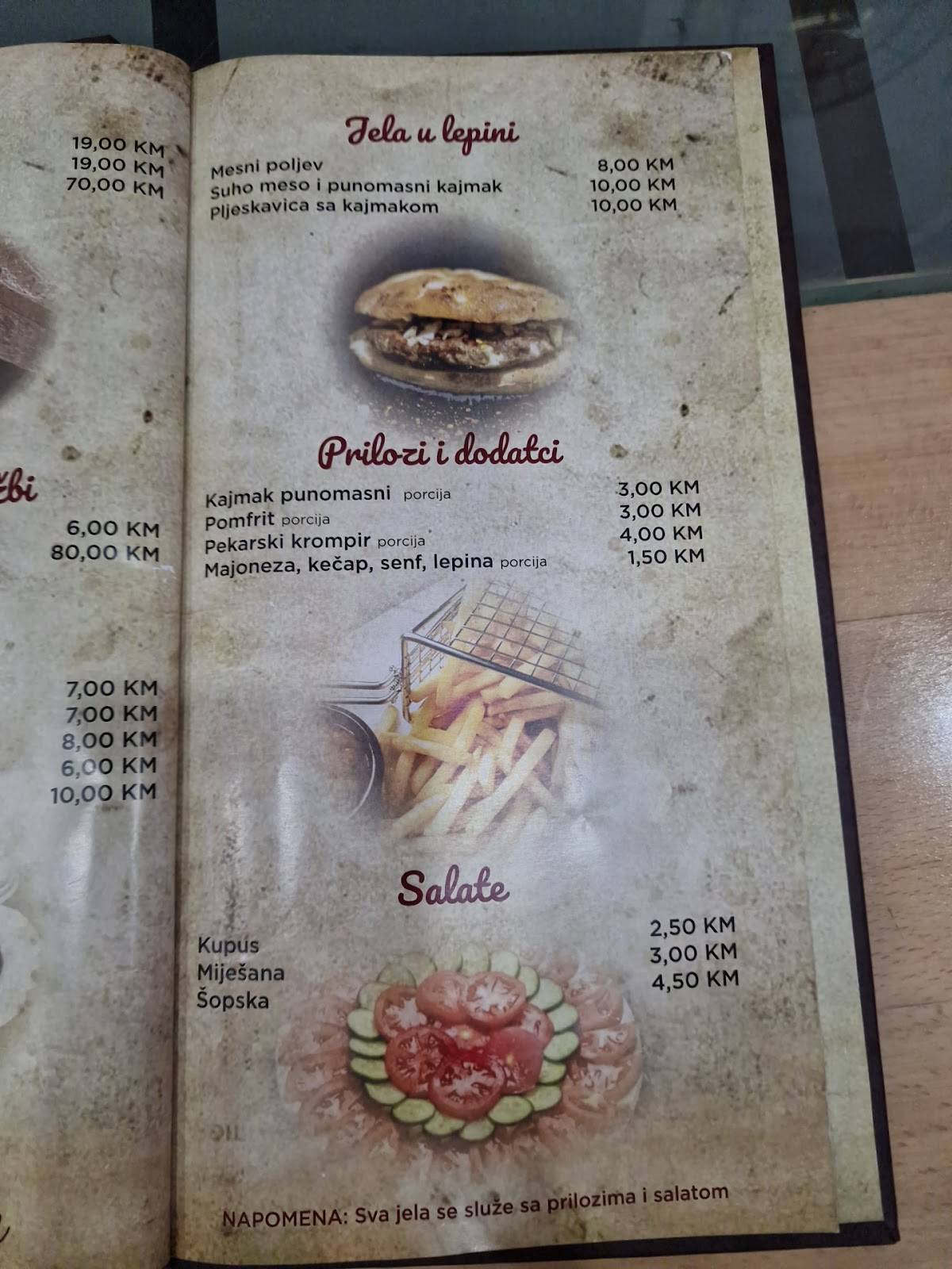 Menu au "KOD BRAJLOVIĆA" TUZLA restaurant, Tuzla