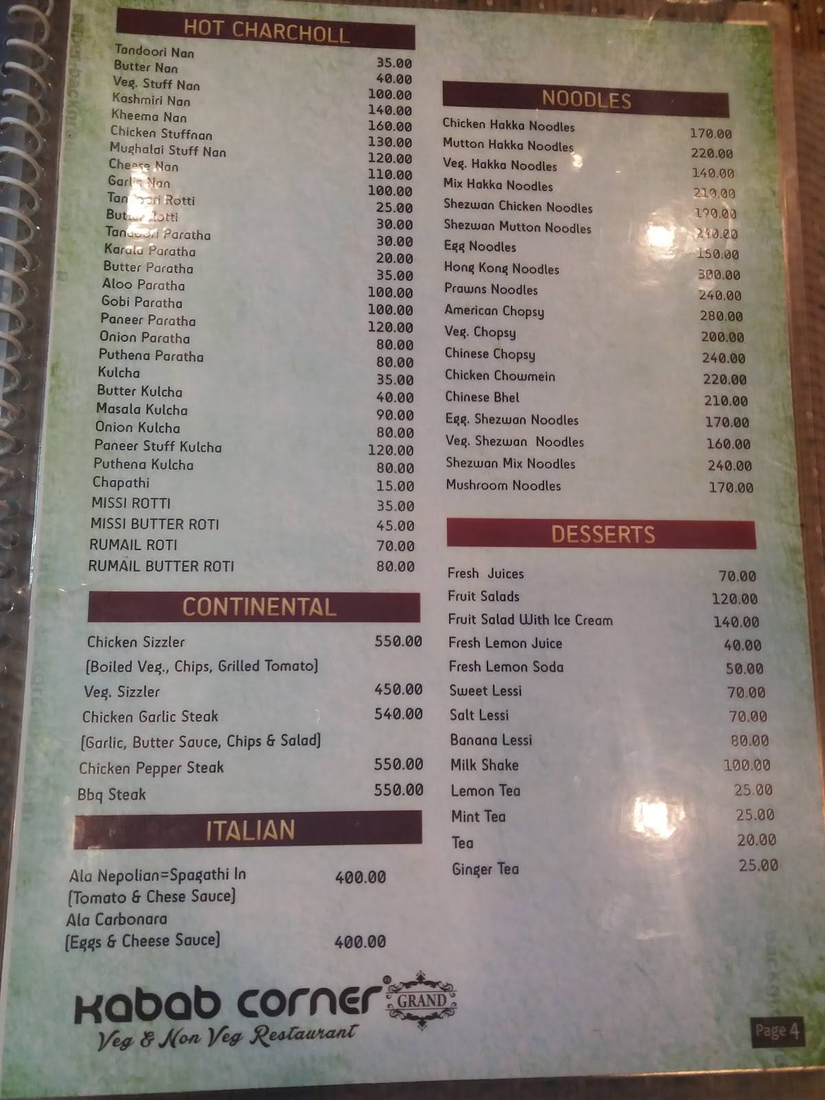 Menu at Kabab Corner Grand, Ooty