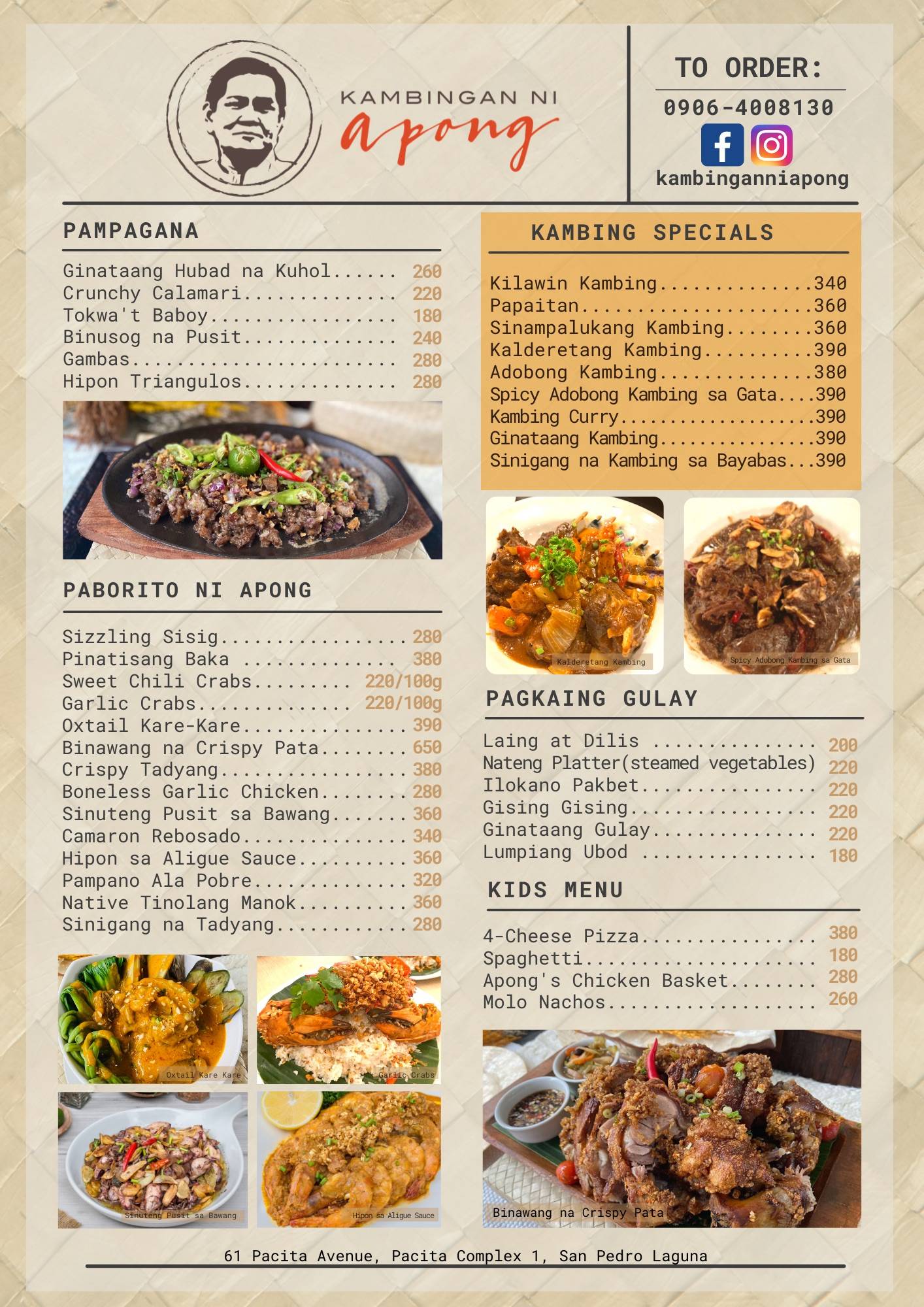Menu at Kambingan ni Apong restaurant, Makati