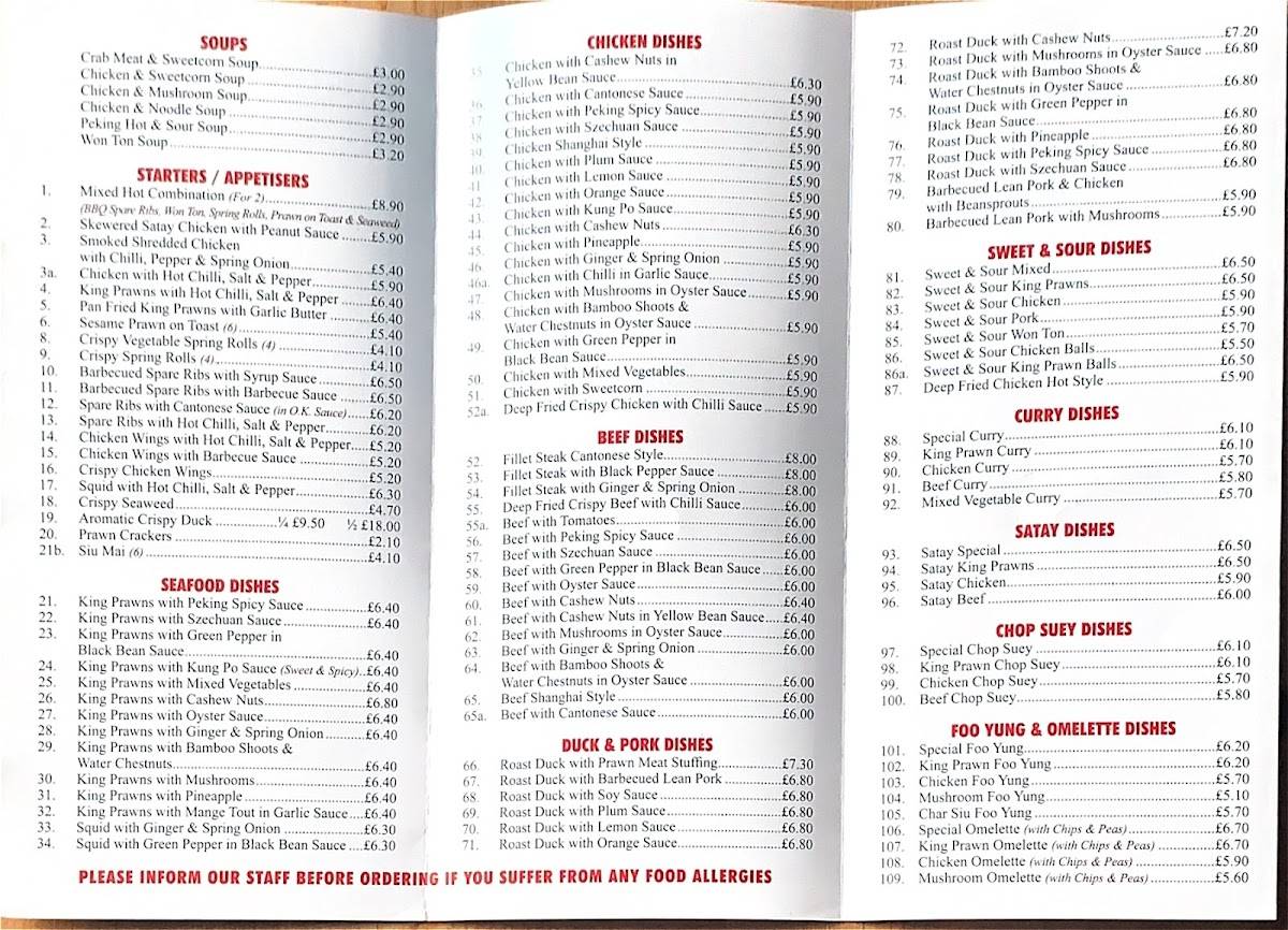 Menu at Kamfai fast food, Alsager