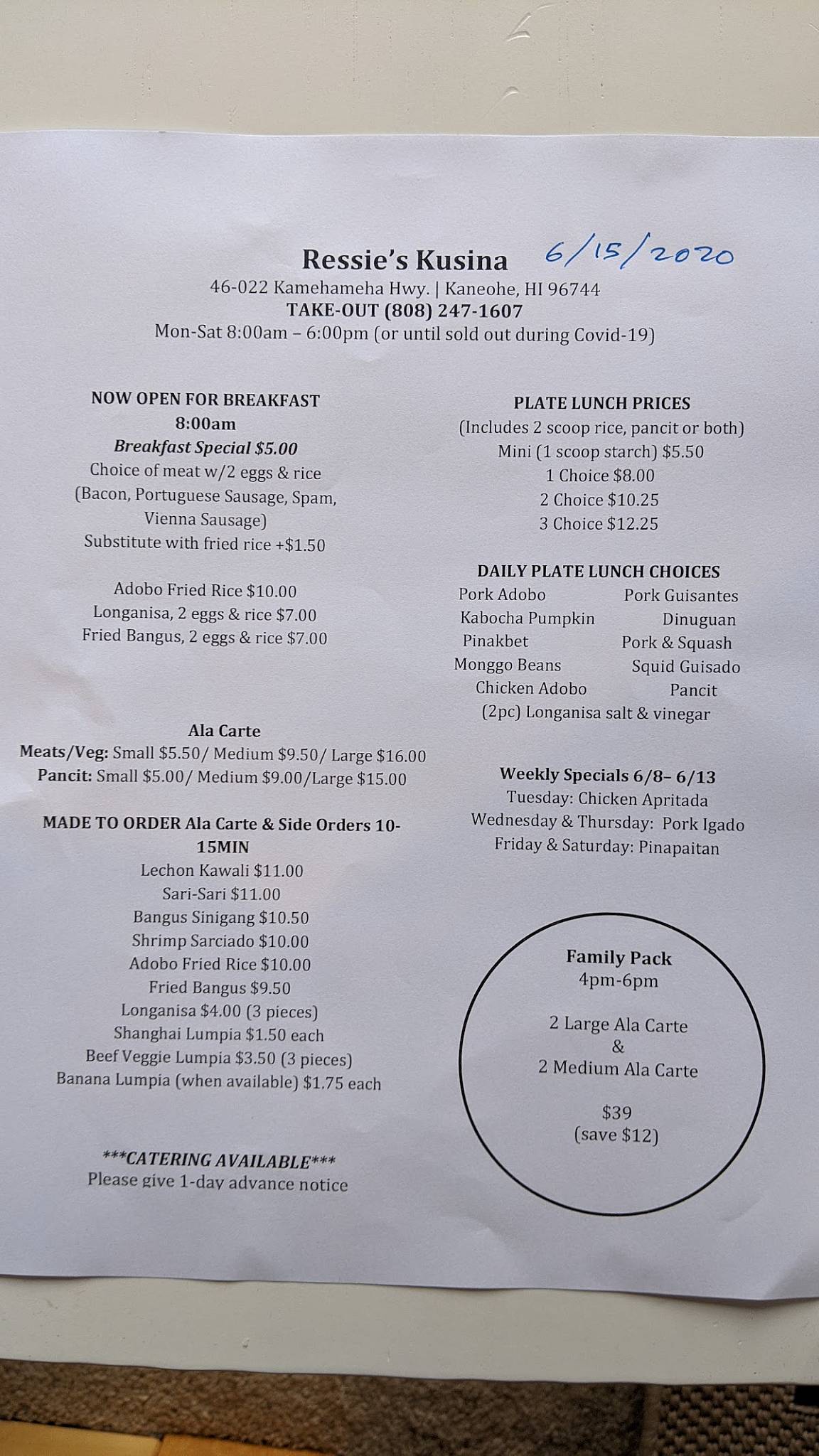 Menu at Cafe Ilocos Filipino Restaurant, Kaneohe
