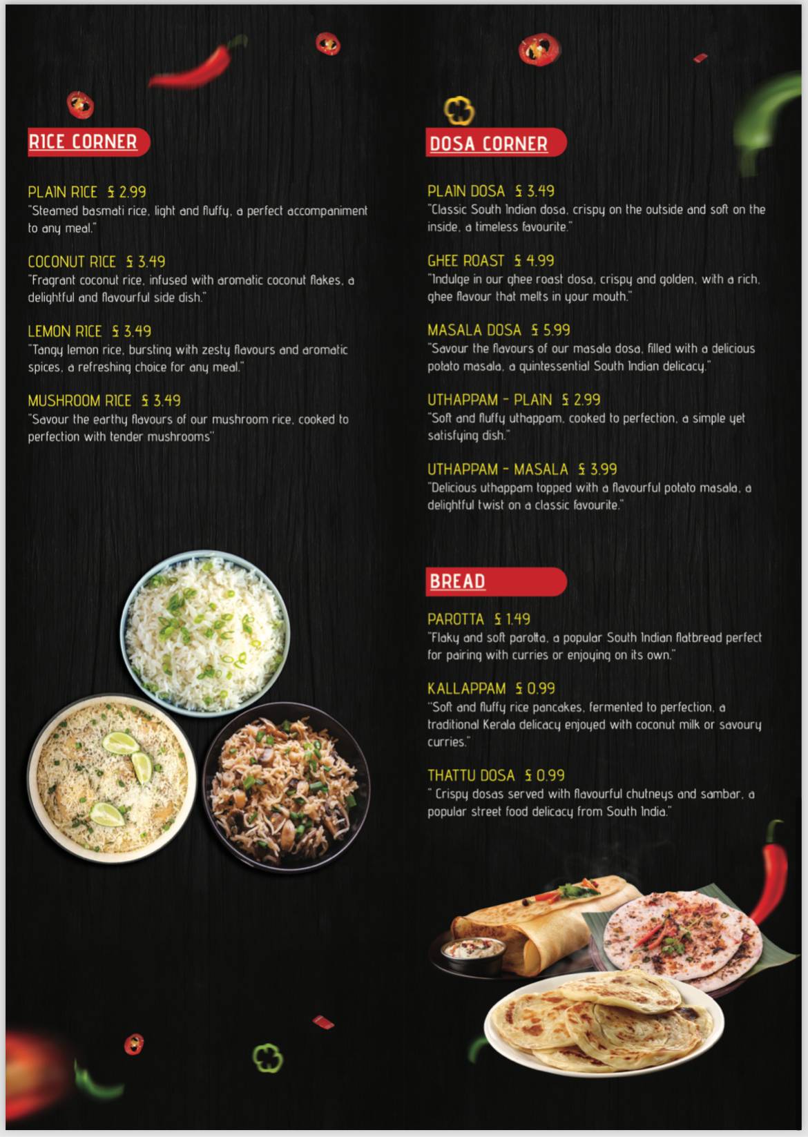 Menu at Kanthari South Indian restaurant, Middlesbrough