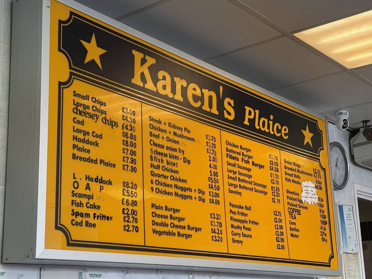 Menu at Karen's Plaice fast food, Lee-on-the-Solent