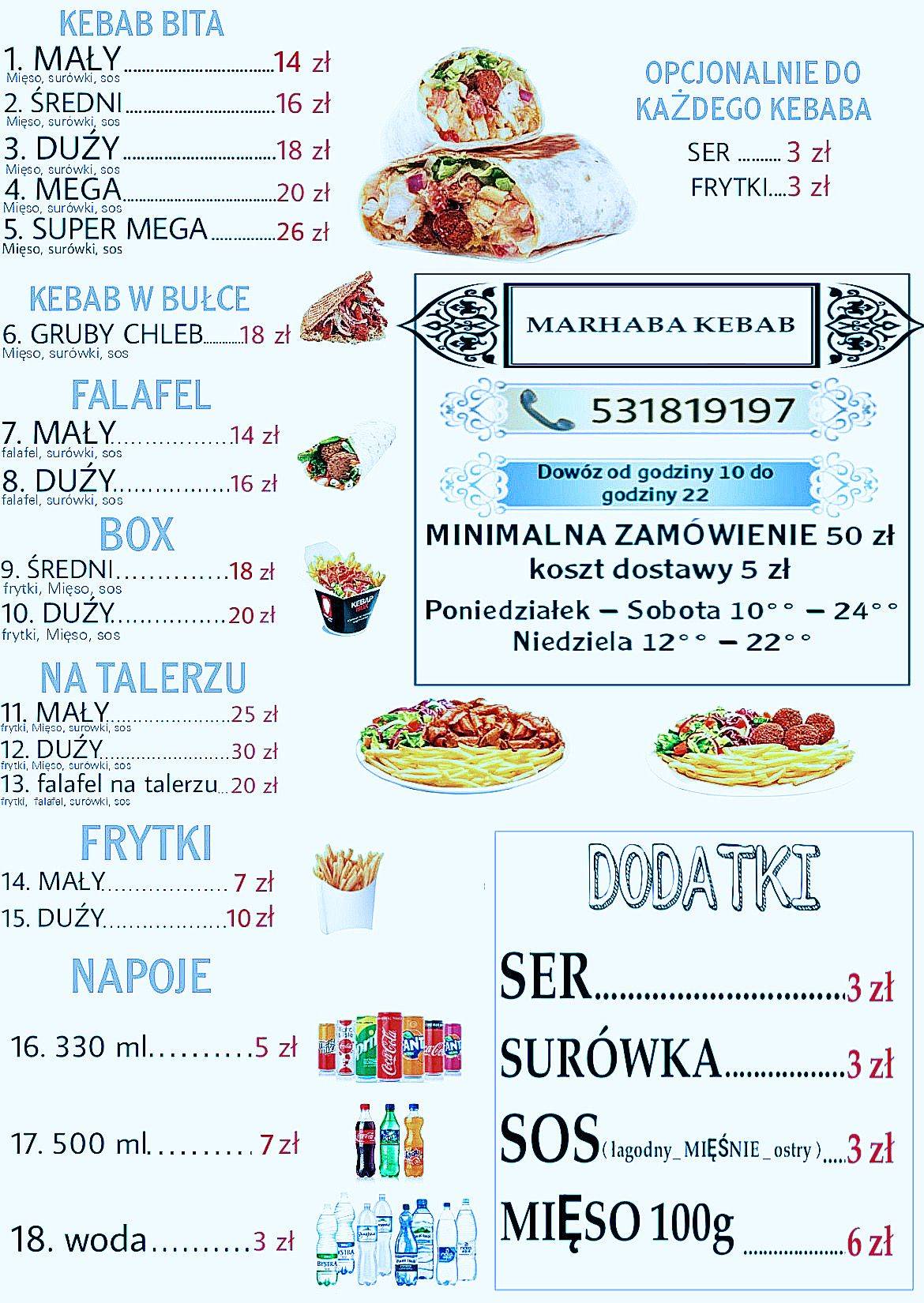 Menu at Kebab Marhaba, Mielec