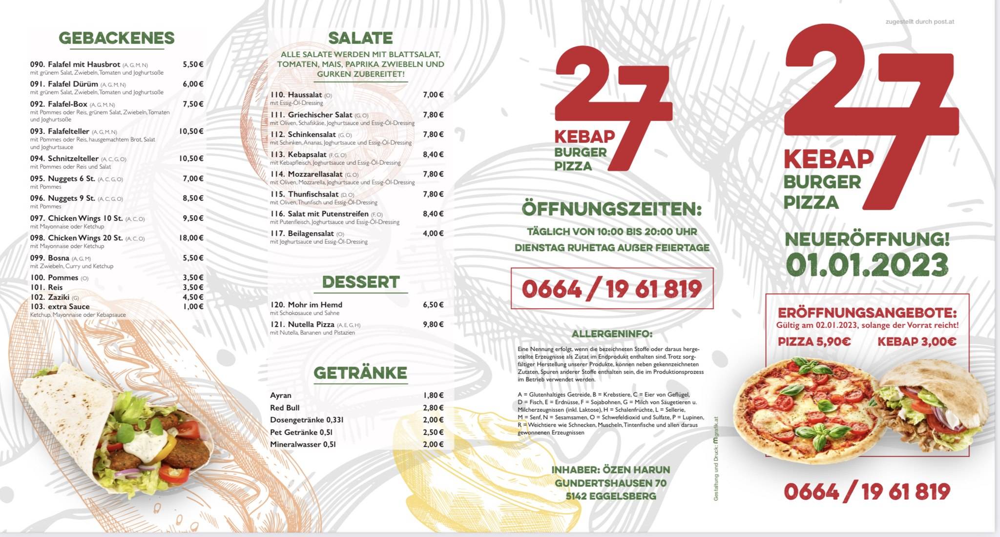 Speisekarte von "Kebap 27 Eggelsberg pizza, Eggelsberg