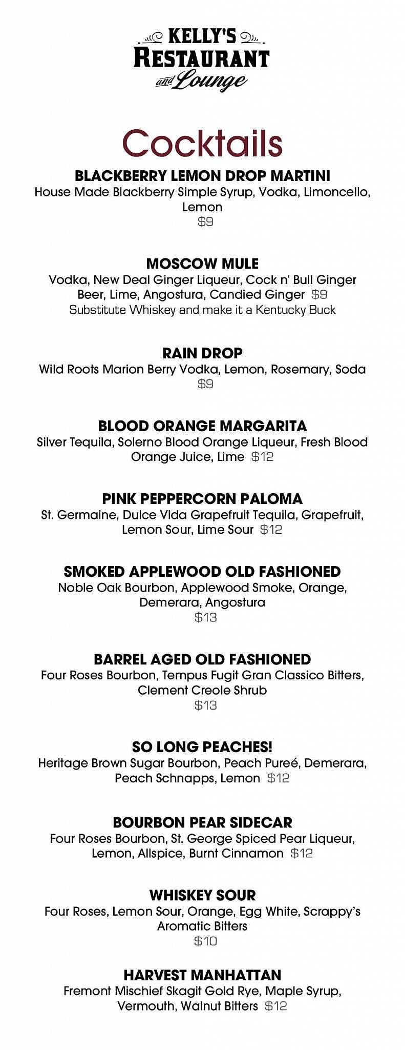 Menu at Kelly's Restaurant & Lounge, Enumclaw